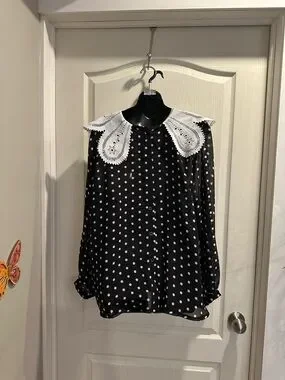 Tops | Coquette Sheer Black Polka Dot Blouse With White Lace Collar ...